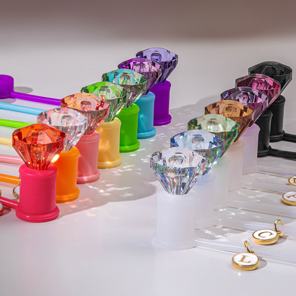 Personalized Multicolor Diamond Straw Cover Topper with Initial Charm ...