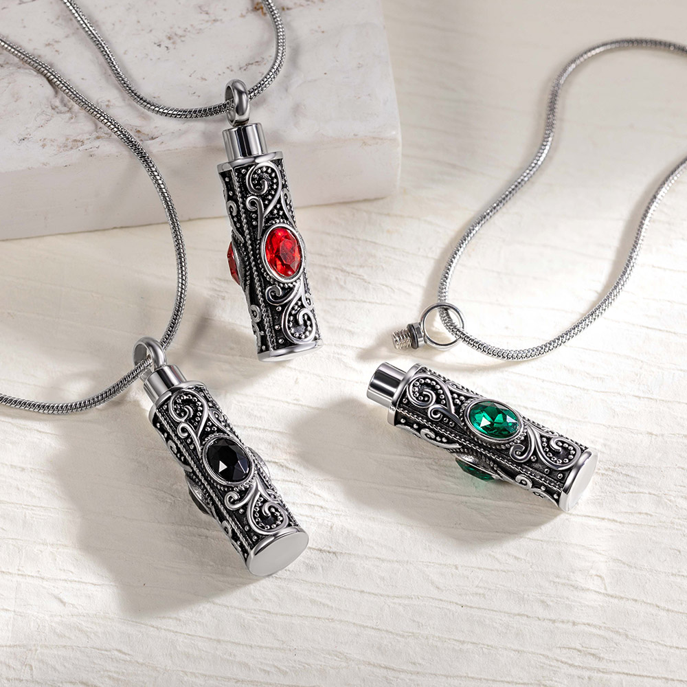 Personalised Vintage Carved Pattern Cylinder Ashes Urn Pendant Necklace ...