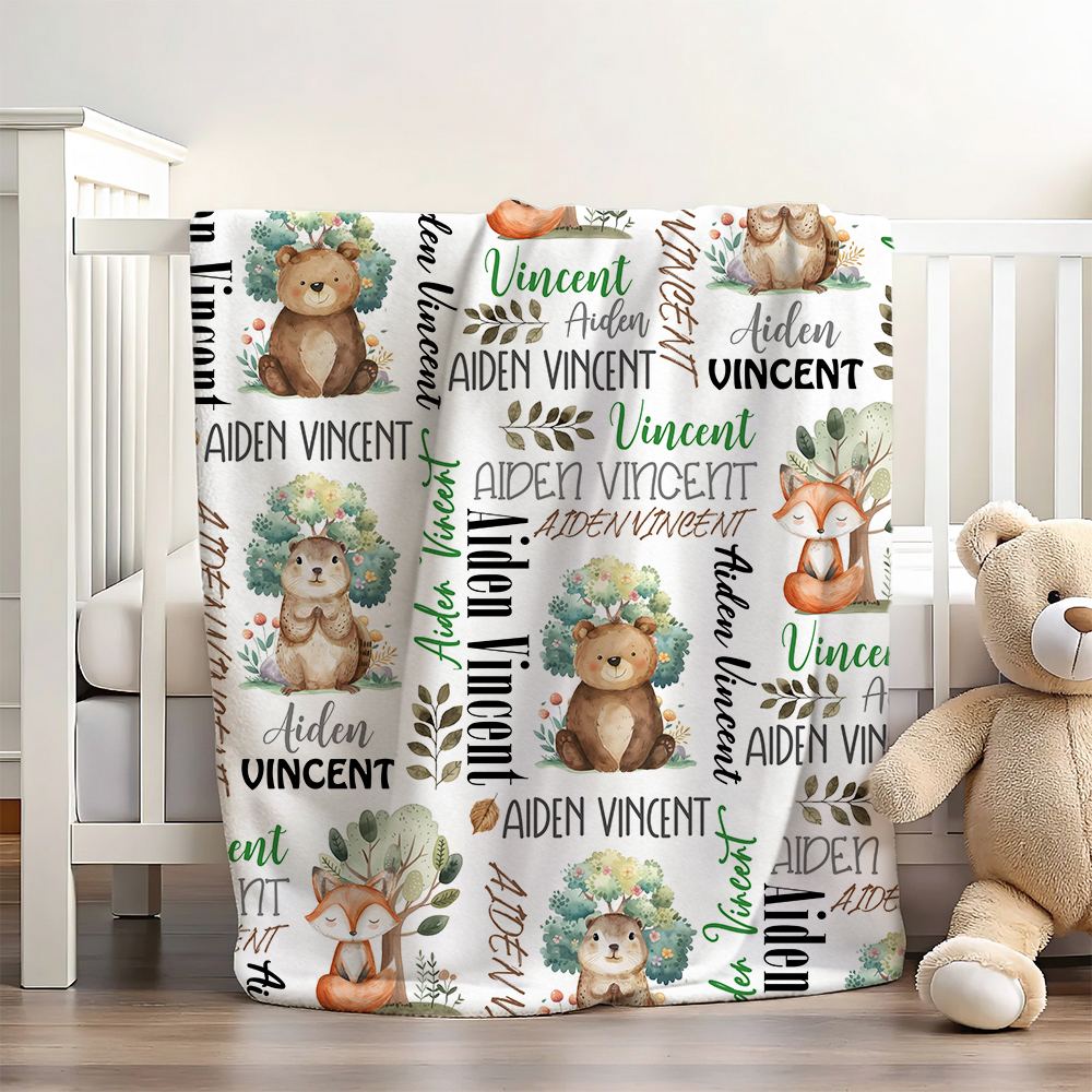 Personalized Cute Animal Bear Squirrel Fox Soft Throw Blanket with Name ...