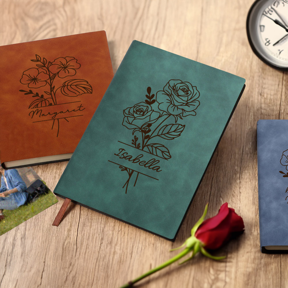 Personalized Birth Flower 200 Line Pages Leather Journal Notebook ...