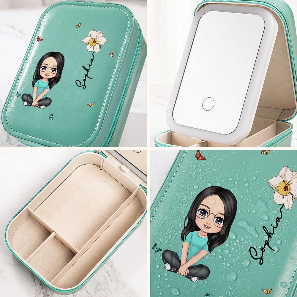 Personalized Cartoon Character Birth Flower Leather Jewelry Box with ...