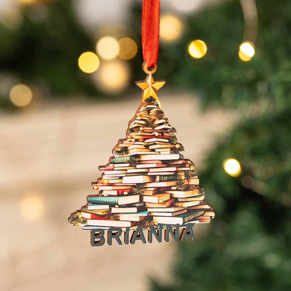 Personalized Wooden Christmas Book Tree Ornament with Name Library ...