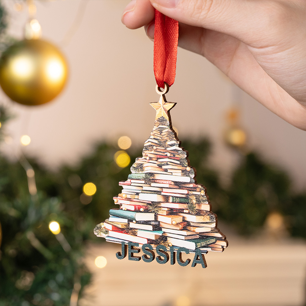 Personalized Wooden Christmas Book Tree Ornament with Name Library ...