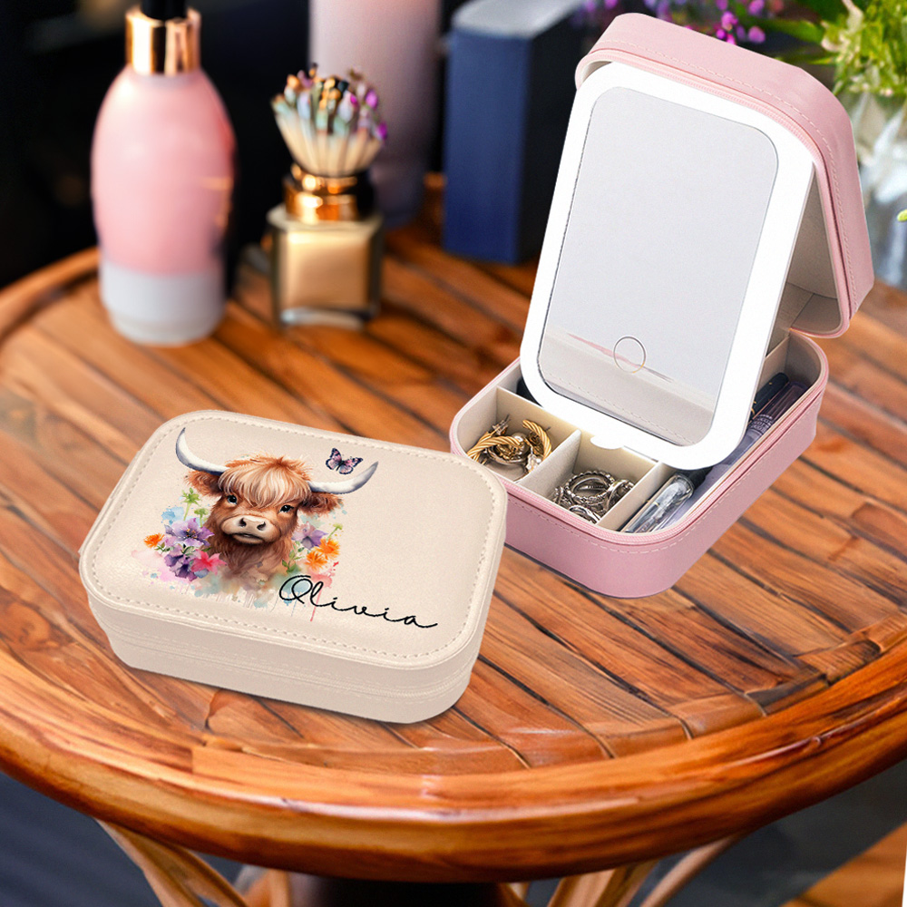 Personalized Cute Floral Highland Cow Jewelry Box with Name and LED ...