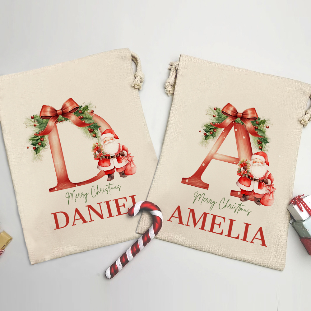 Personalised Santa Initial Merry Christmas Sack Drawstring Treat Bag ...