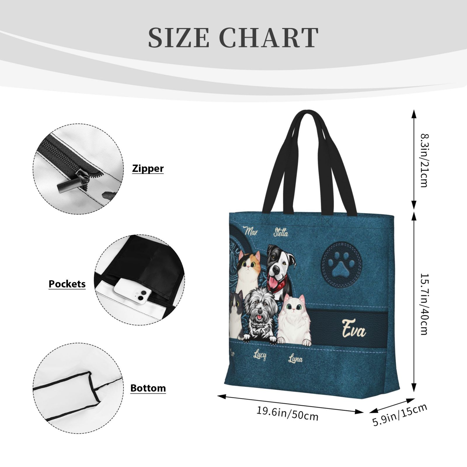 Personalized Retro Pattern Cartoon 1-6 Dogs Cats Paw Print Large Tote ...
