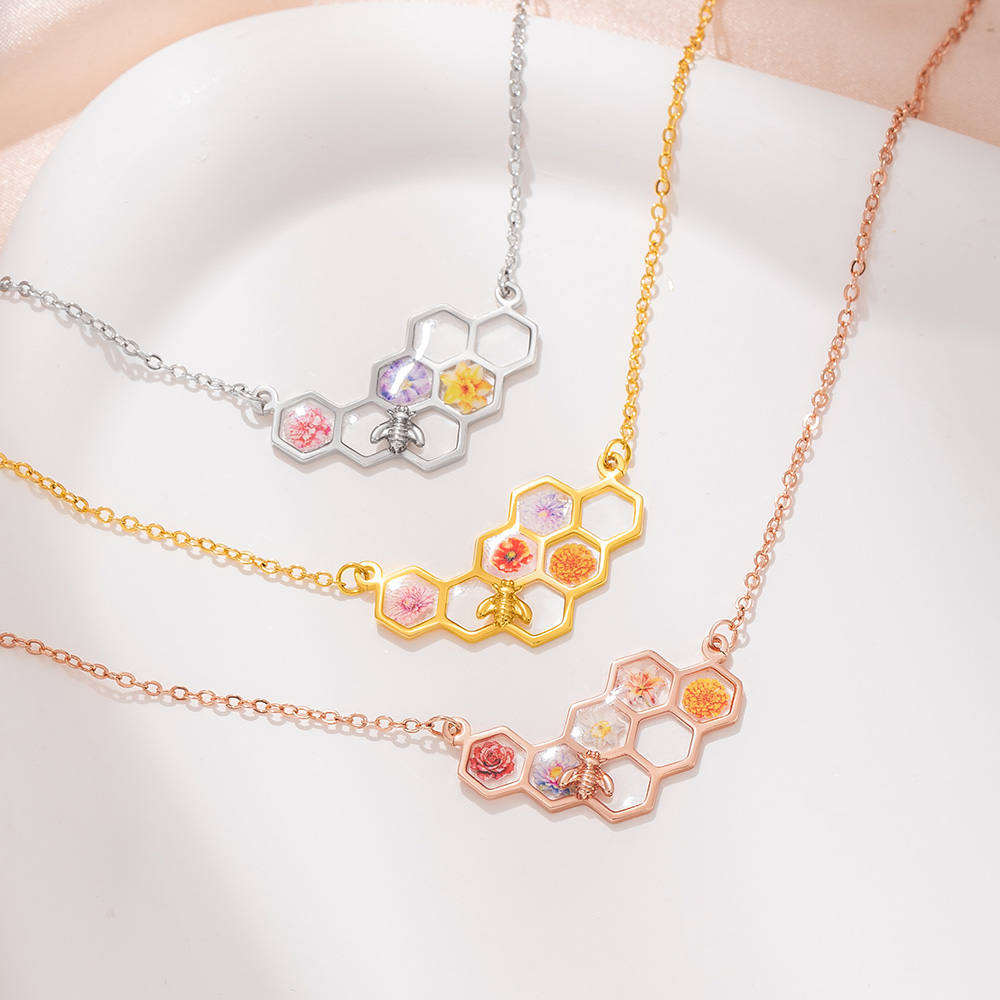 Personalized Birth Flower Honeycomb Pendant Necklace Dainty Bee Jewelry ...