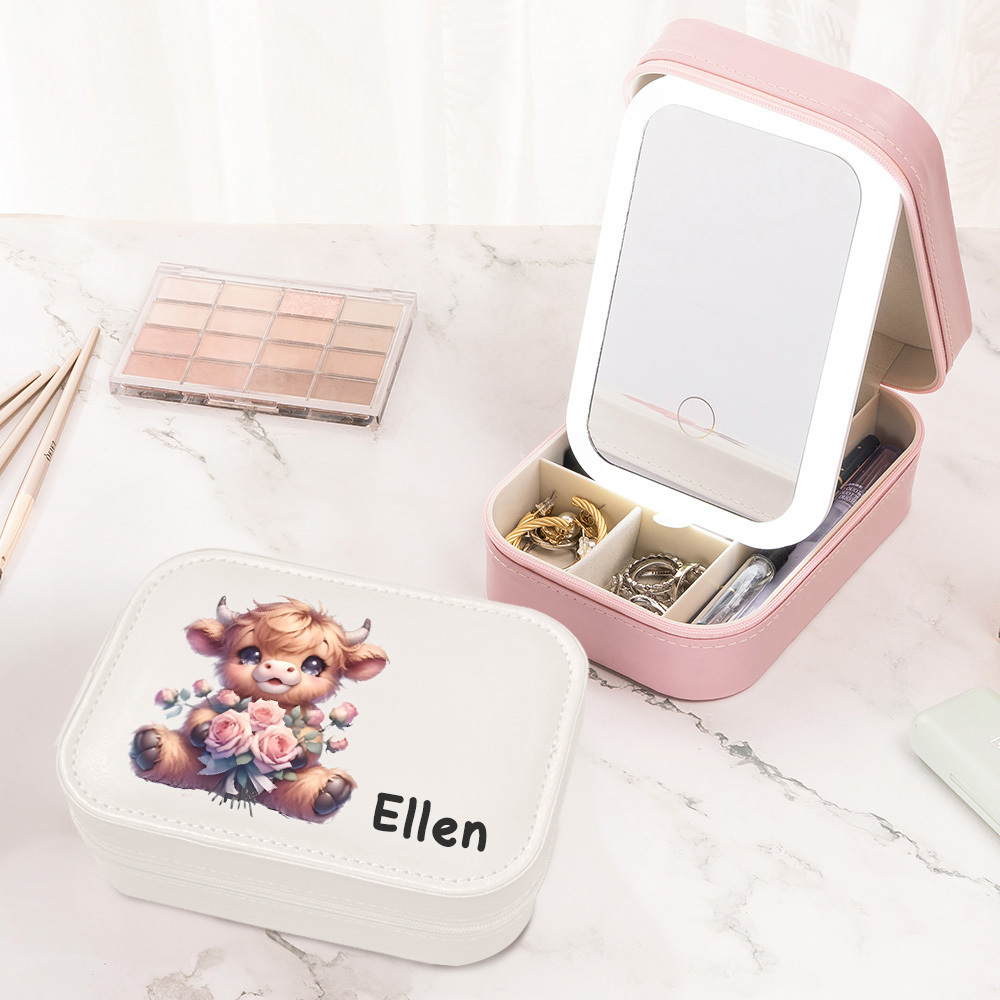 Personalized Cute Birth Flower Highland Cow Jewelry Box with LED Three ...
