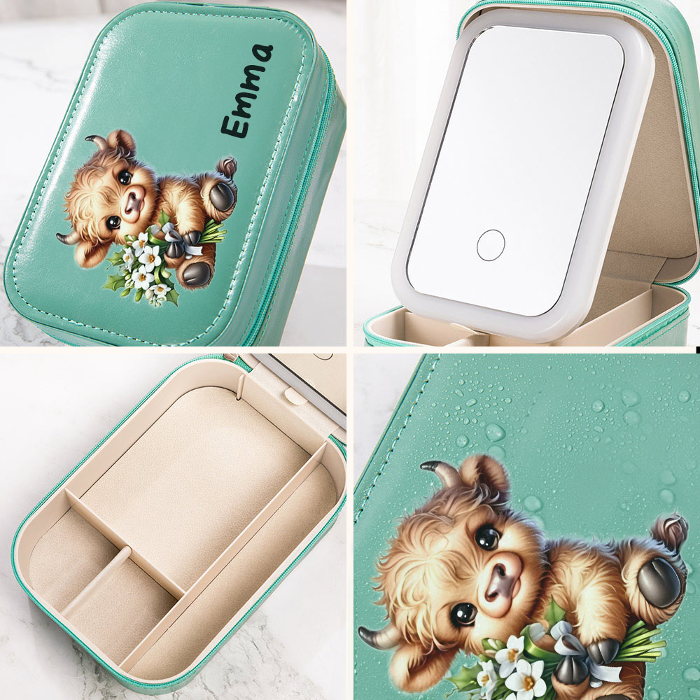 Personalized Cute Birth Flower Highland Cow Jewelry Box with LED Three ...