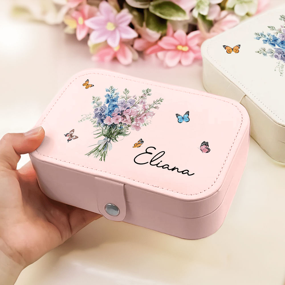 Personalized Birth Flower Bouquet 2 Layer Portable Leather Jewelry Box ...