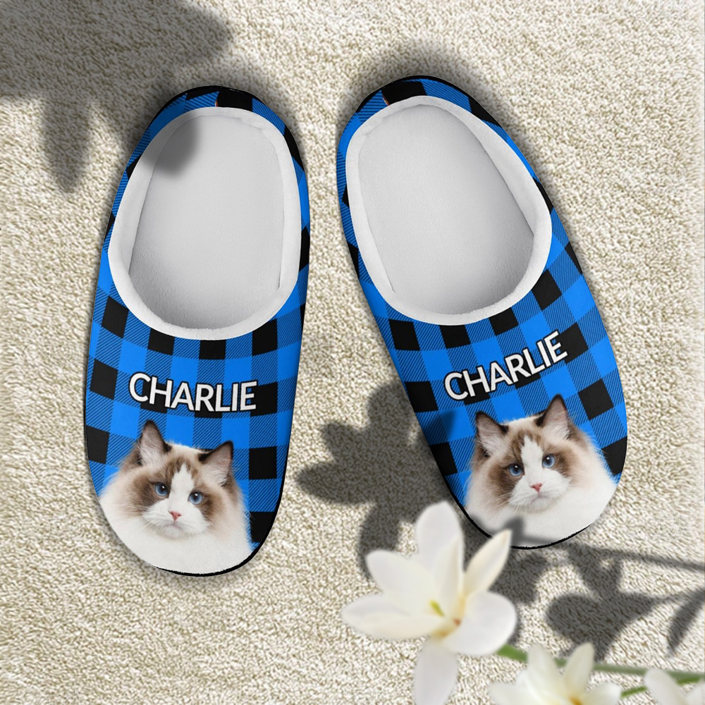 Personalized Plaid Pet Photo Design 100% Cotton Plush Slippers with ...