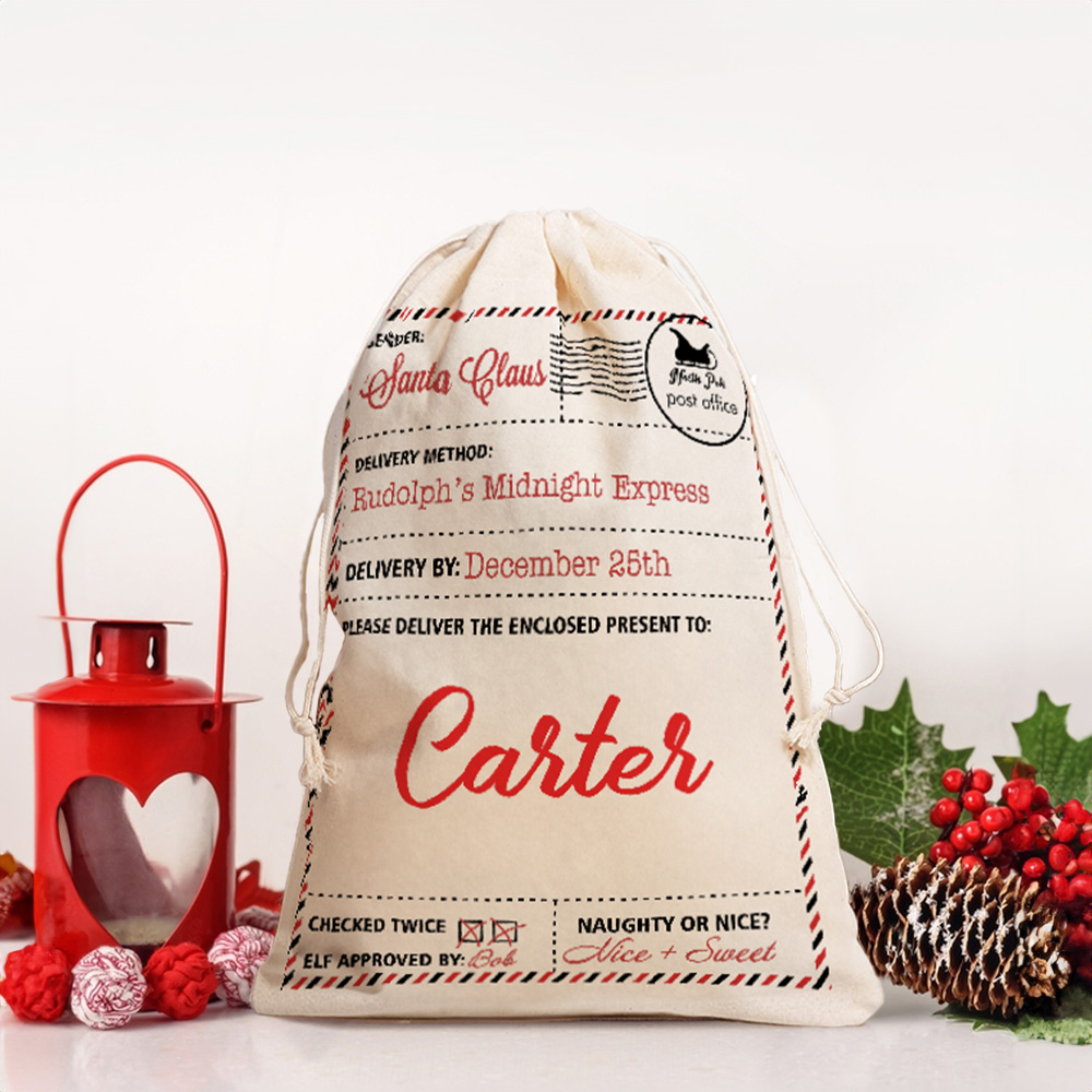 Personalized Stamp Postmark Elk Santa Sack Reusable Drawstring Treat ...