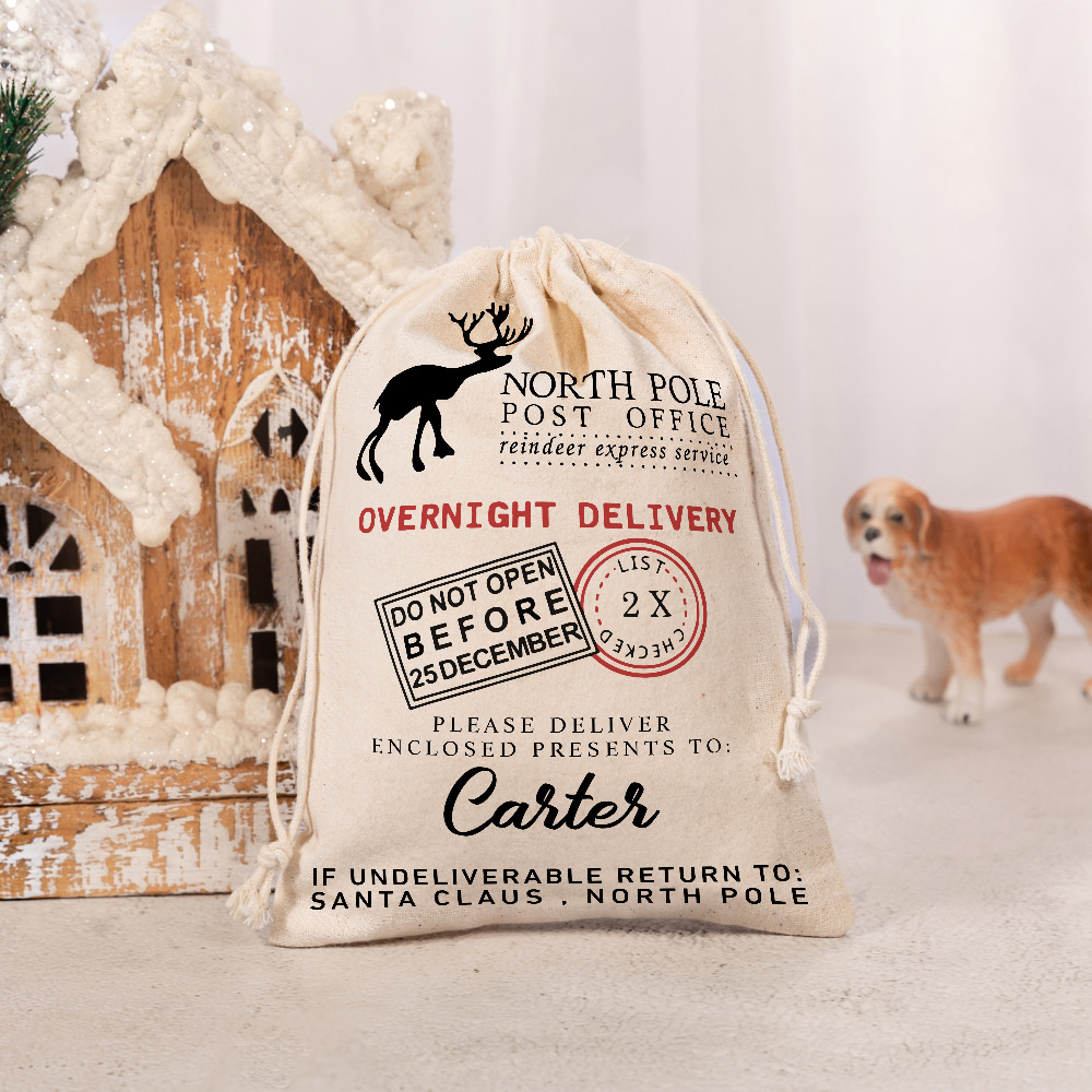 Personalized Stamp Postmark Elk Santa Sack Reusable Drawstring Treat ...