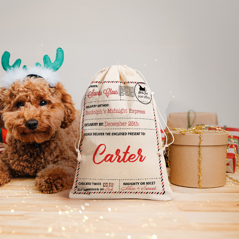 Personalized Stamp Postmark Elk Santa Sack Reusable Drawstring Treat ...