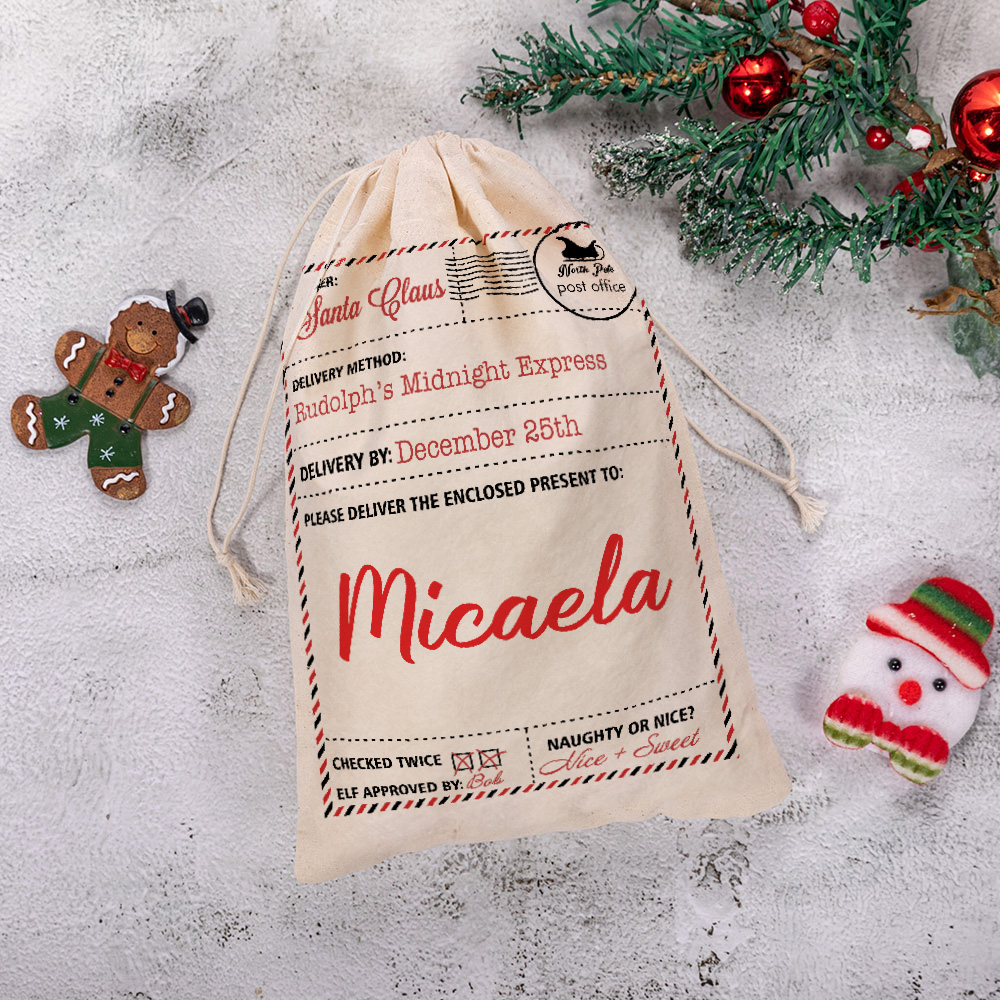 Personalized Stamp Postmark Elk Santa Sack Reusable Drawstring Treat ...