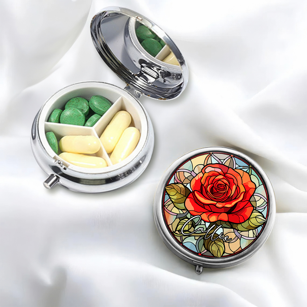 Personalized Birth Flower Stained Glass Round Mini Pill Box with Name ...