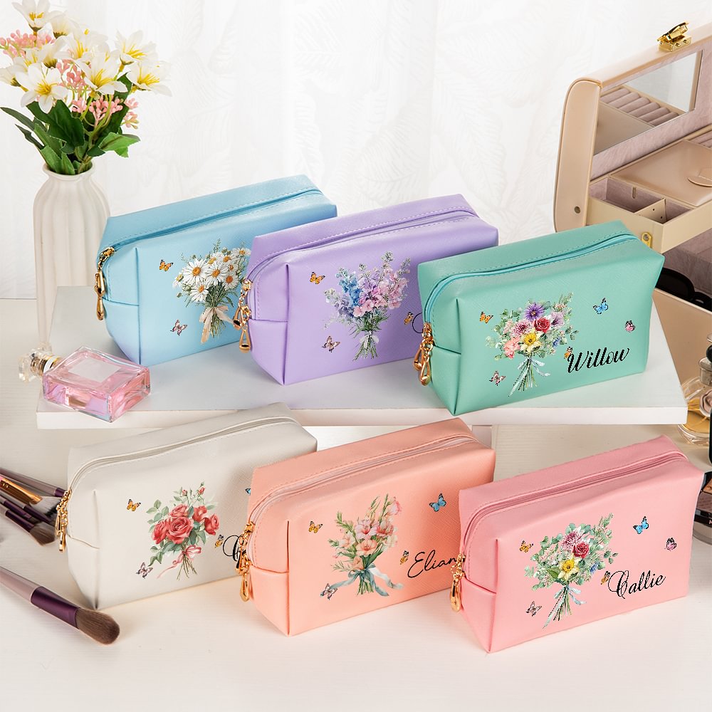 Personalized Birth Flower Bouquet Butterfly Leather Makeup Bag Pouch ...