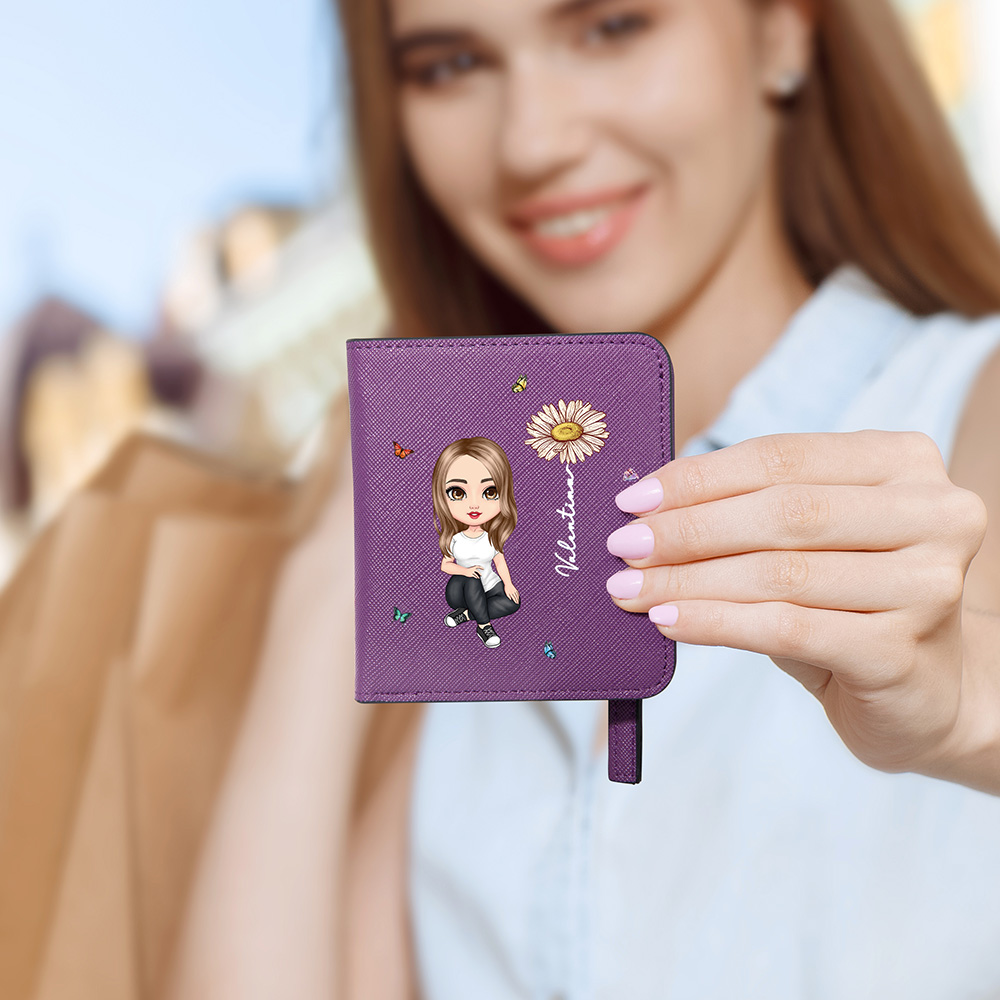 Personalized Cartoon Character Birth Flower Name Leather Compact Bifold ...