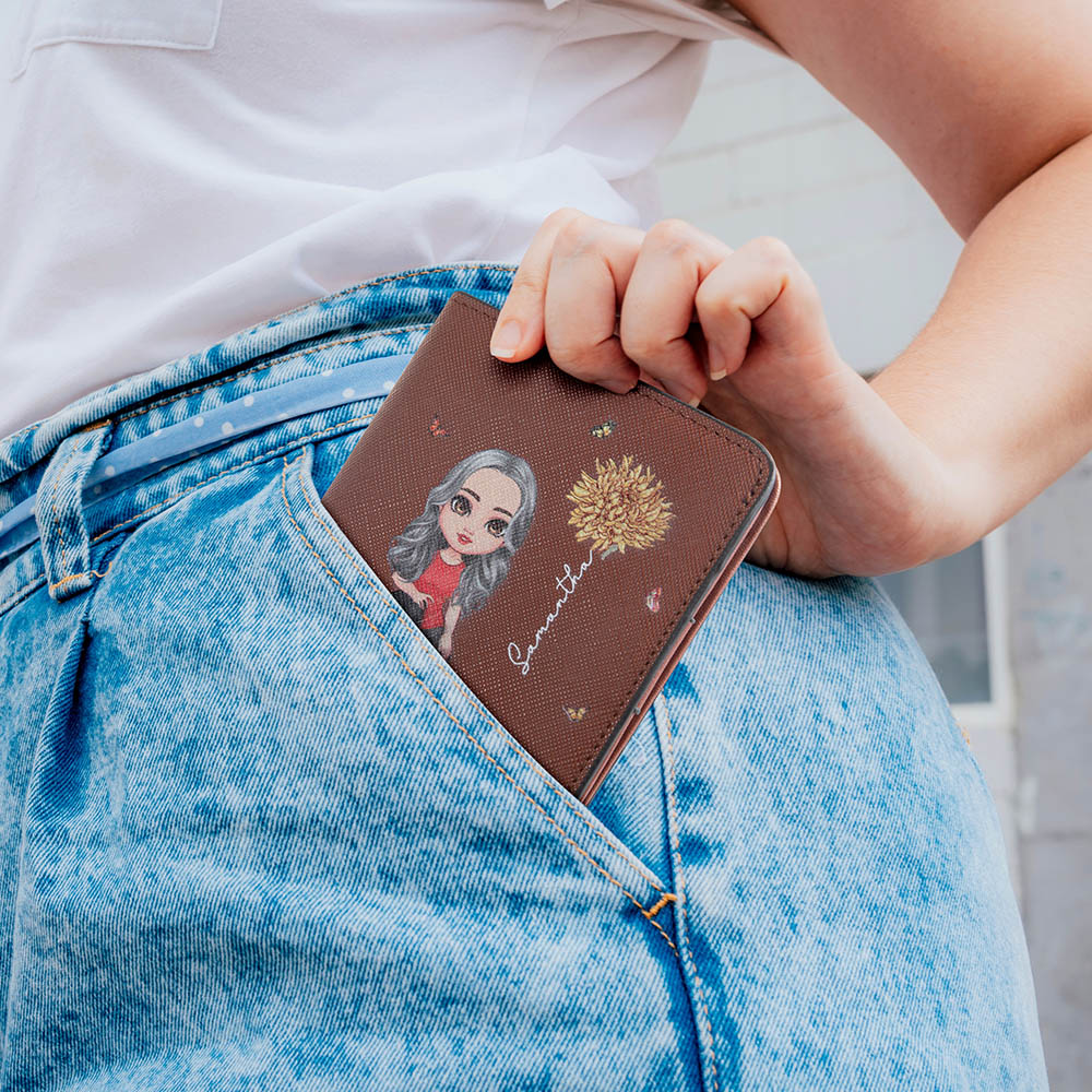 Personalized Cartoon Character Birth Flower Name Leather Compact Bifold ...