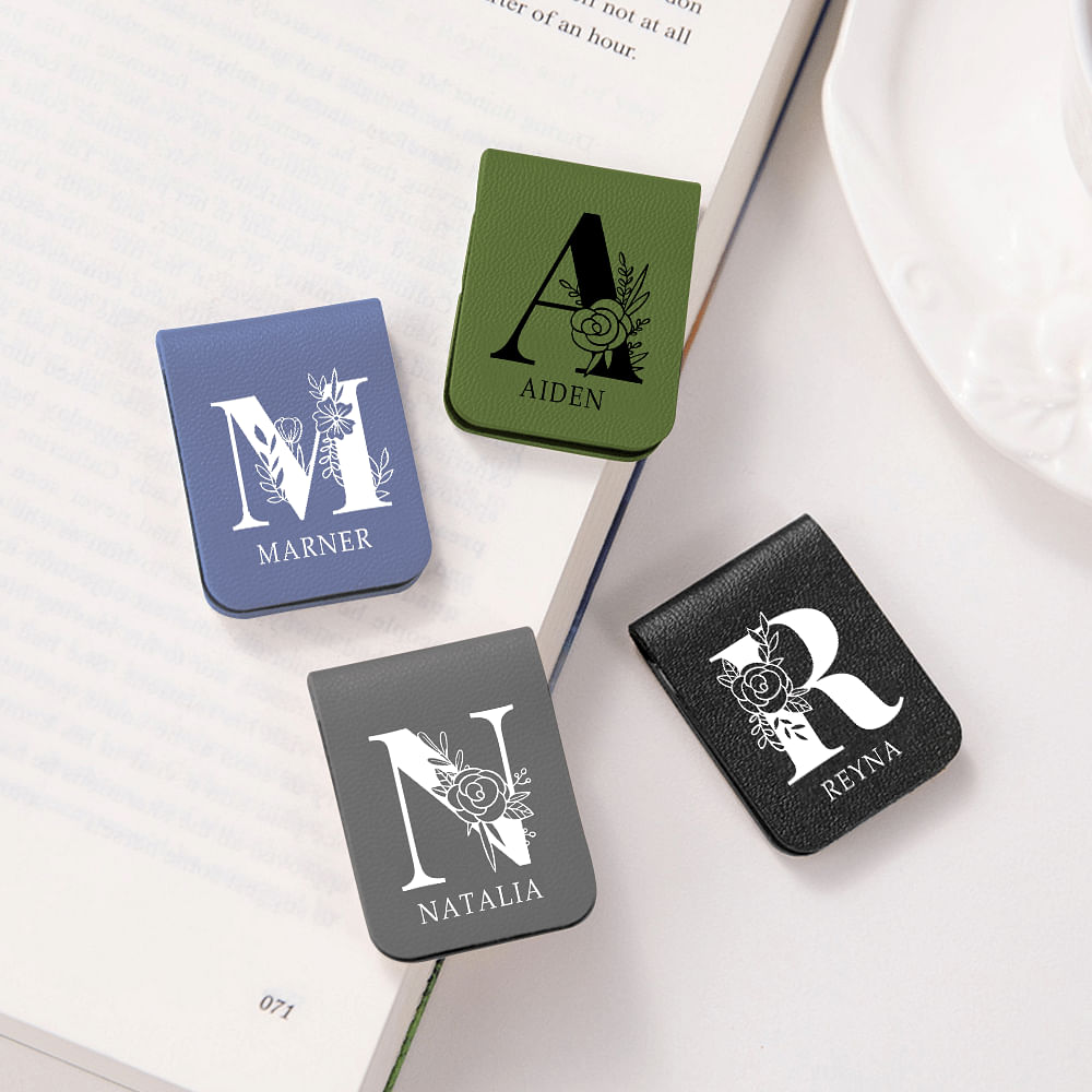Personalized Floral Initial Name Magnetic Leather Bookmark Clip with ...
