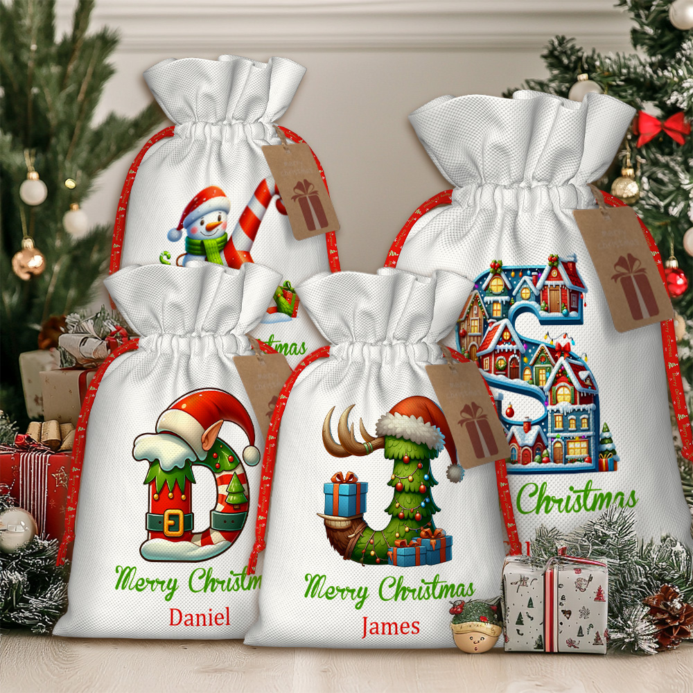 Personalized Christmas Tree Snowman Elf Igloo Drawstring Canvas Gift ...