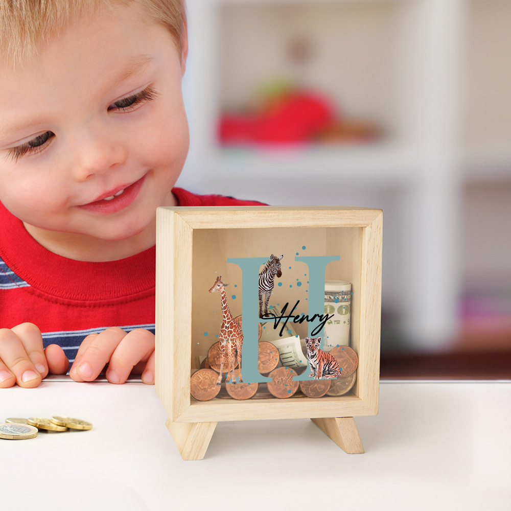 Personalized Cute Giraffe Zebra Tiger Wood Clear Money Box Piggy Bank ...