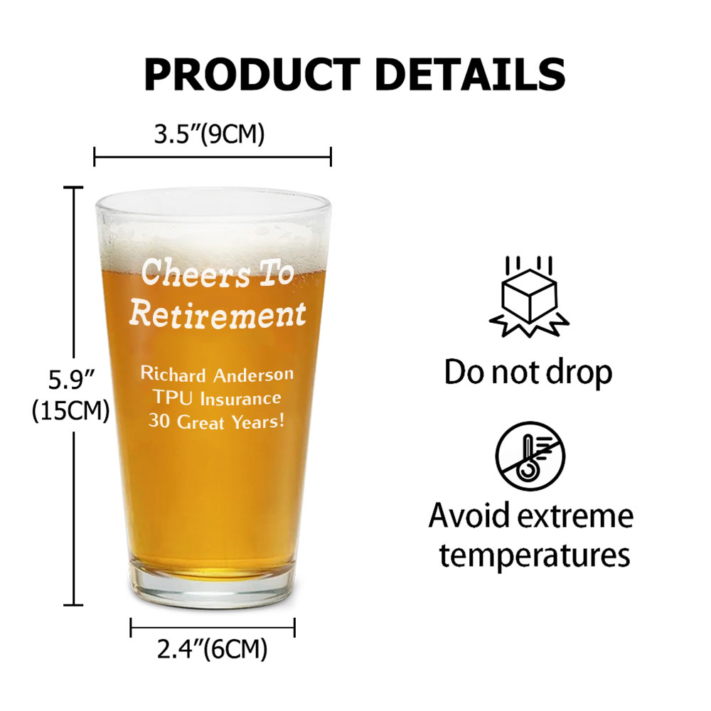 Personalized Cheers To Retirement 16oz Beer Glass with Text Father's ...