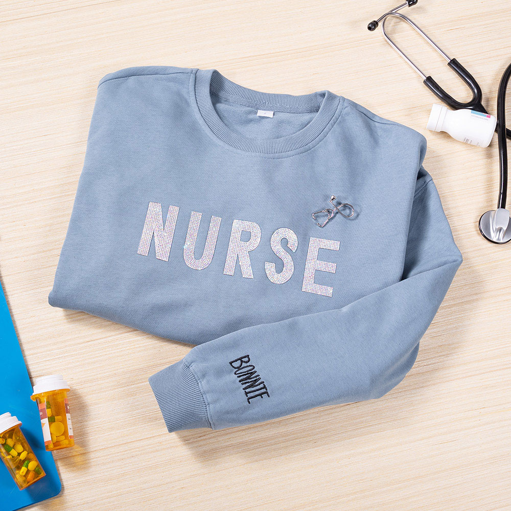 Personalized Glitter Nurse Pattern Sweatshirt with Embroidered Name and ...