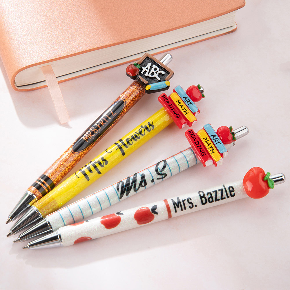 Personalized Apple Crayon Glitter Teacher Beaded Pen with Name Ball-Point Pen Appreciation ...