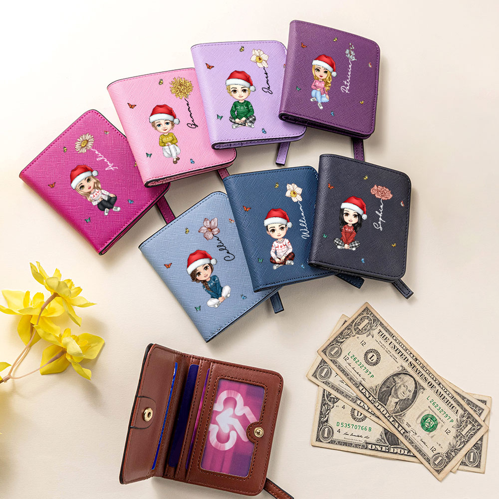 Personalized Cartoon Character Birth Flower Leather Compact Bifold ...