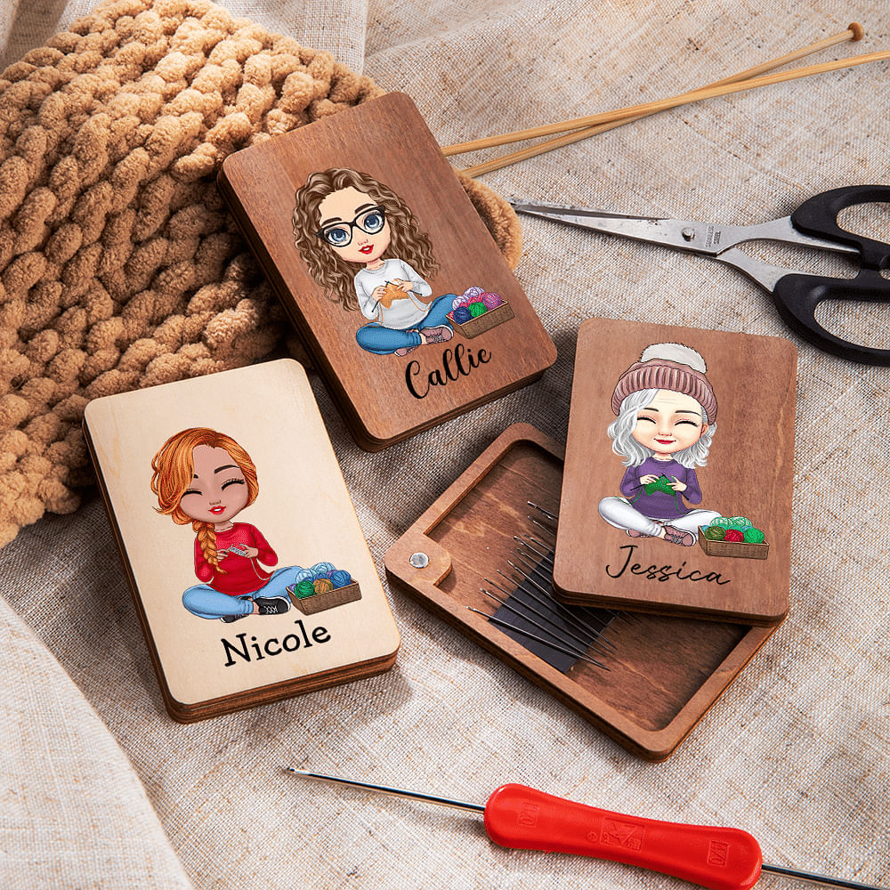 Personalized Cartoon Crochet Knitting Mom Grandma Wooden Needle Storage ...