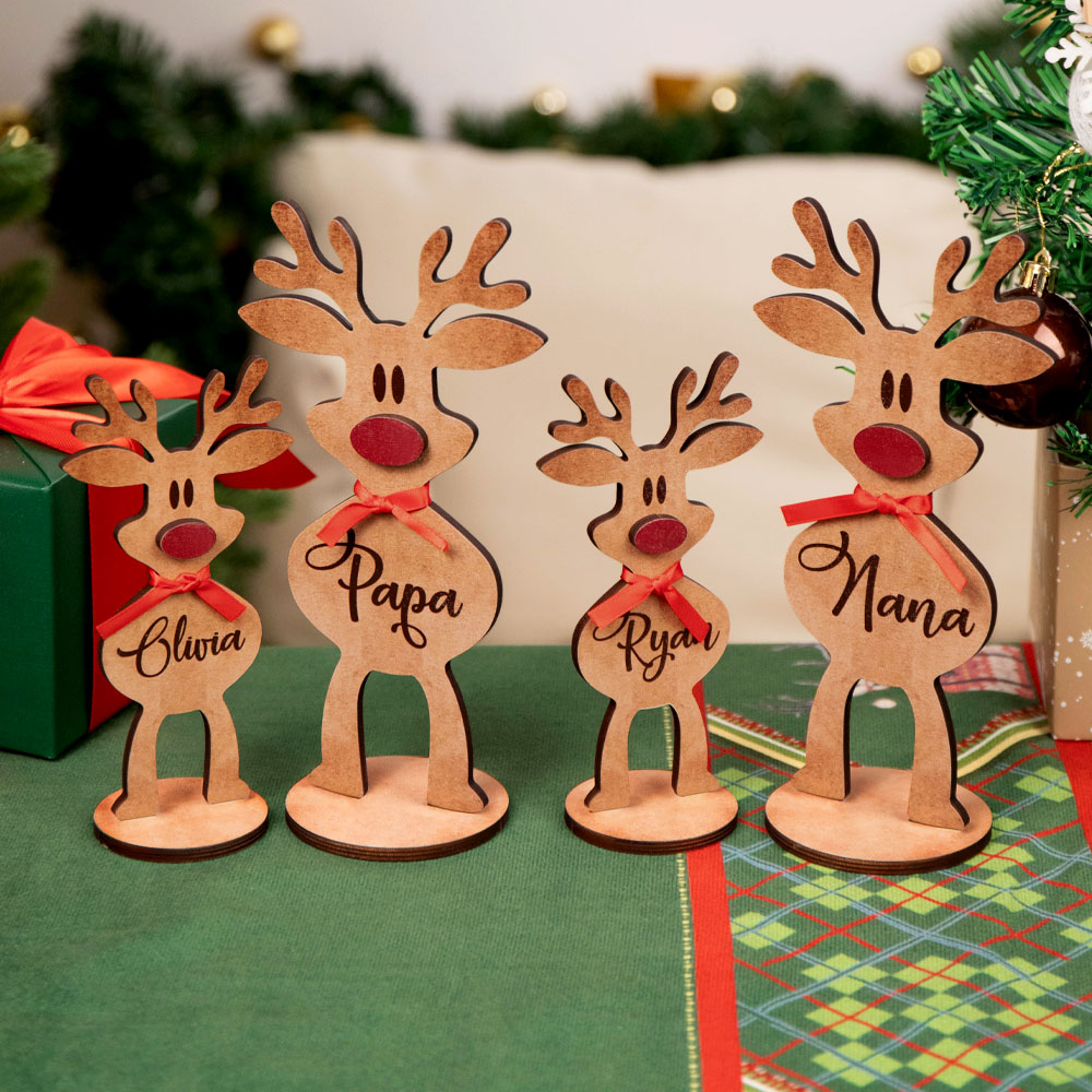 Personalized Red Nose Bow Reindeer Wooden Standing Table Ornament with ...