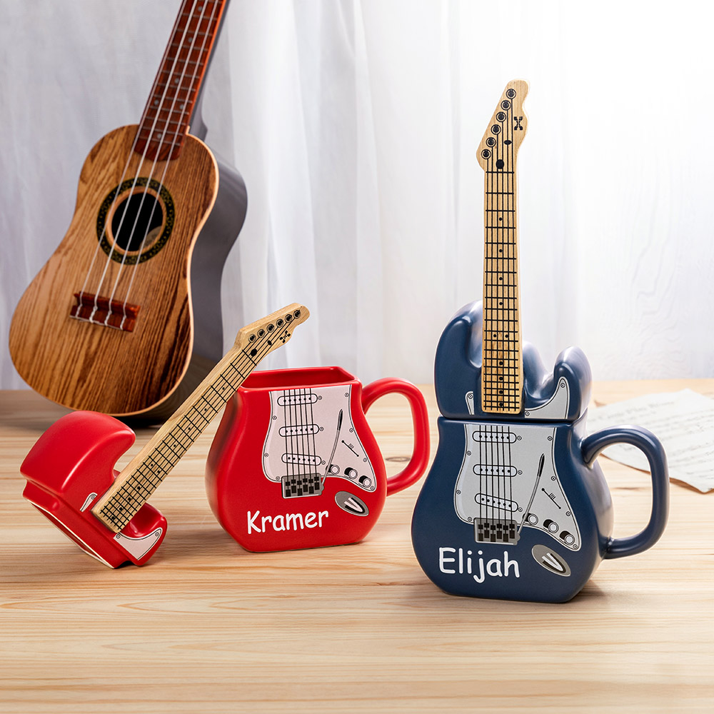 Personalized Funny Guitar Shape Handle Ceramic Mug with Name and Cover ...