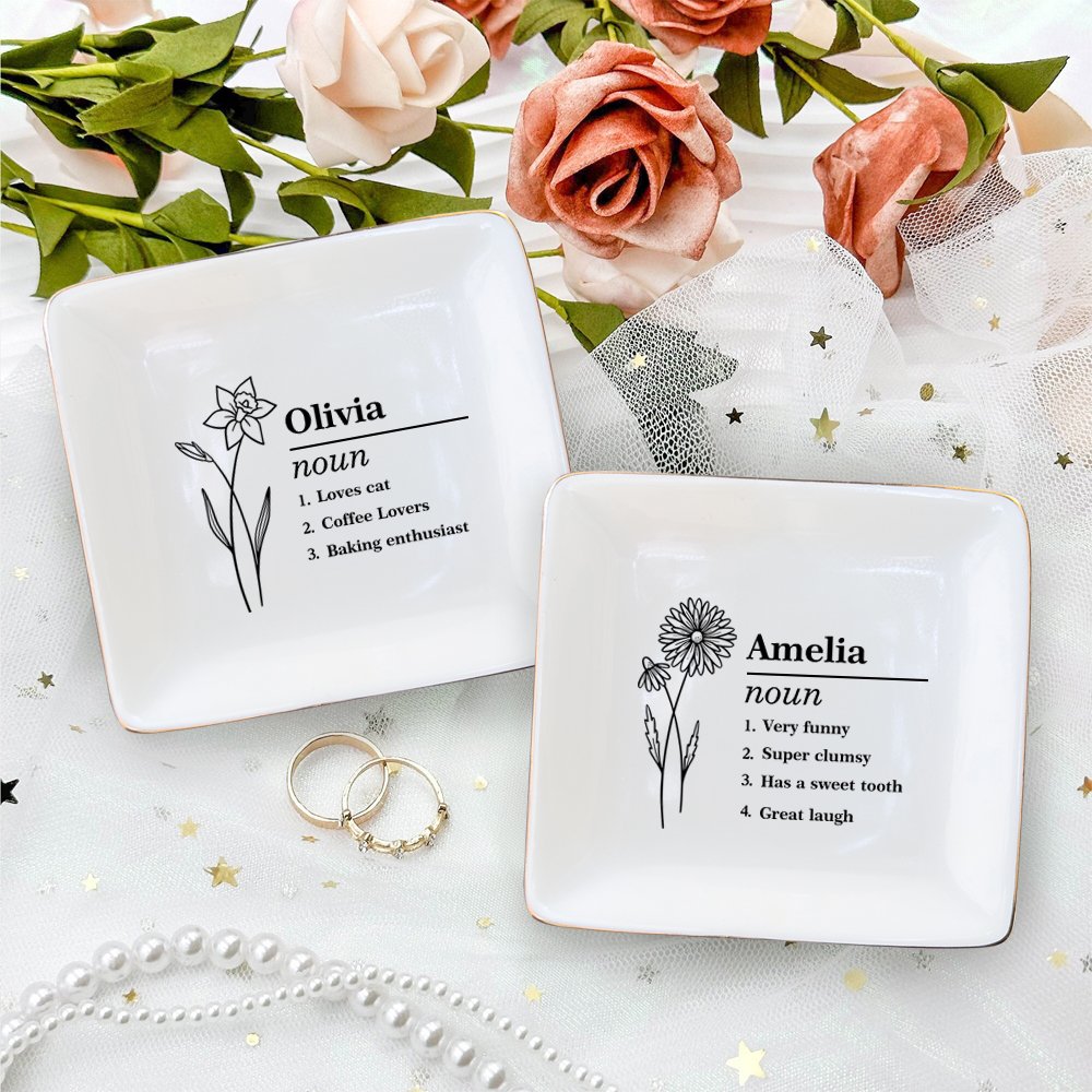 Personalized Birth Flower Ceramic Trinket Jewelry Dish with Name ...