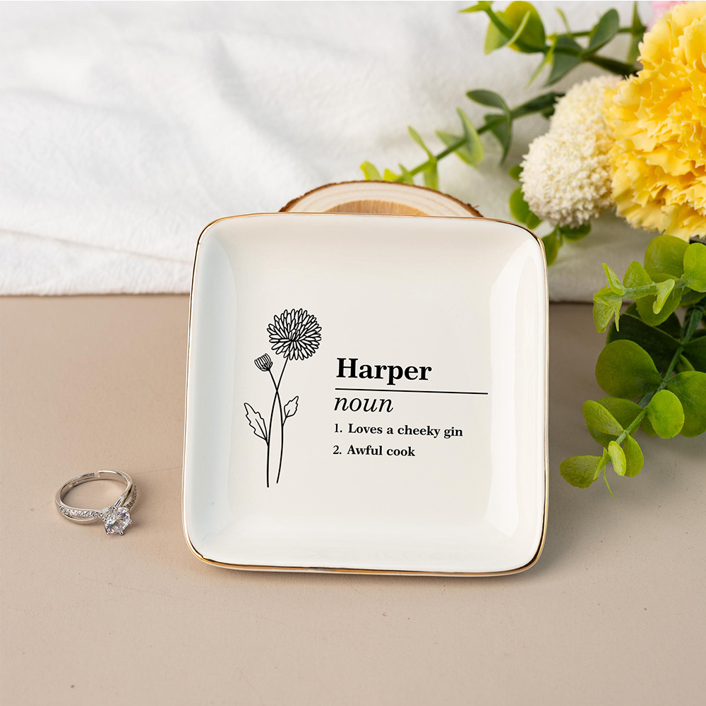 Personalized Birth Flower Ceramic Trinket Jewelry Dish with Name ...