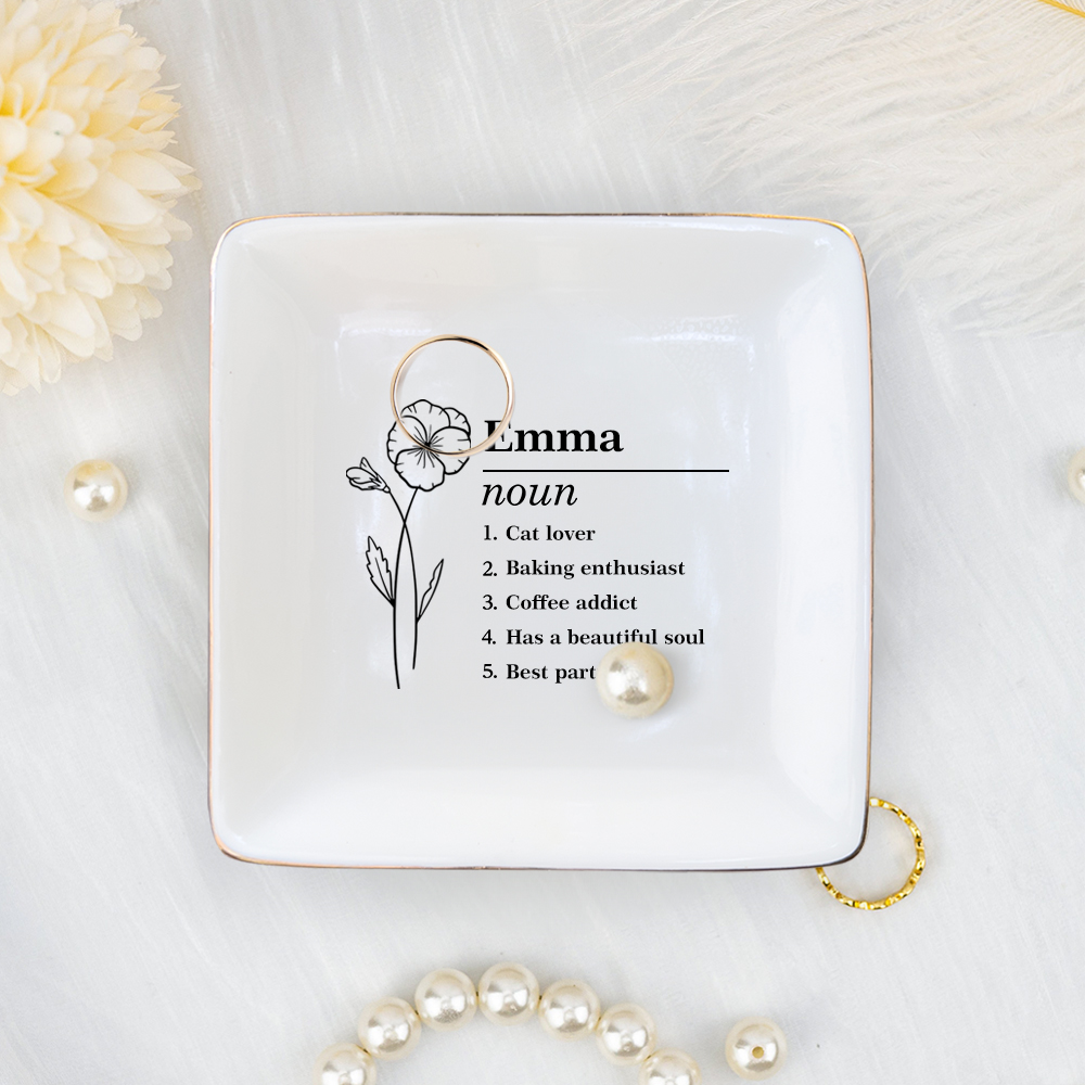 Personalized Birth Flower Ceramic Trinket Jewelry Dish with Name ...