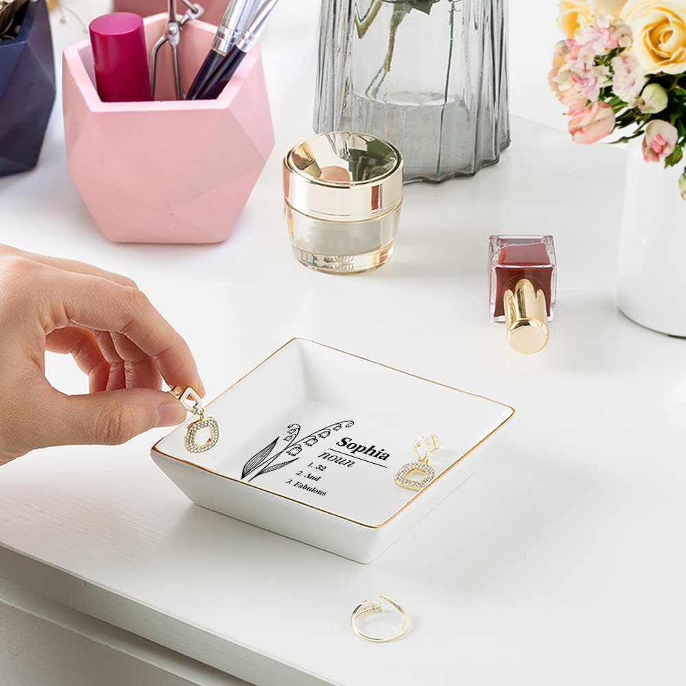 Personalized Birth Flower Ceramic Trinket Jewelry Dish with Name ...