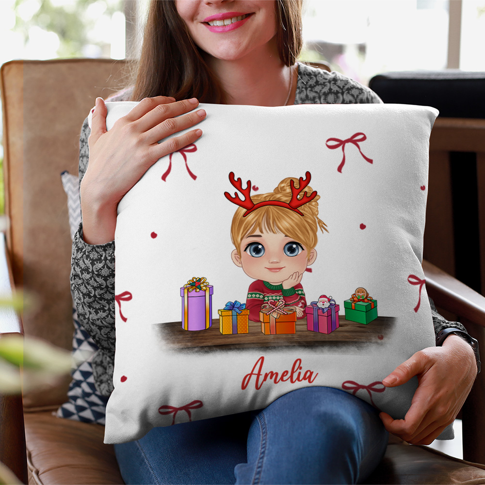 Personalised Cute Cartoon Reindeer Elf Girl Boy Receiving Gift Box Bow ...