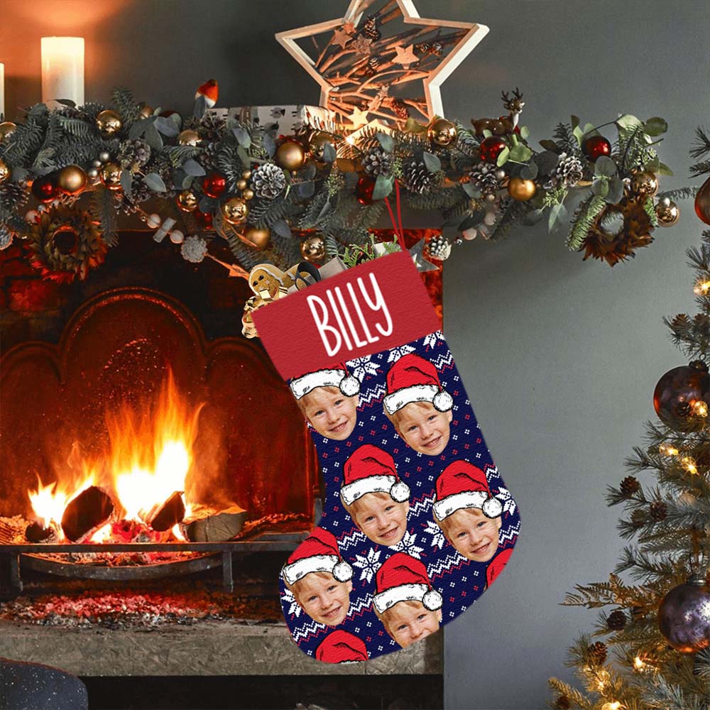 Personalised Santa Hat Face Photo Christmas Stocking with Name ...
