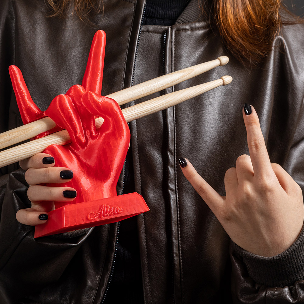 Personalized 3D Printed Rock Hand Faust Gesture Drumstick Display Holder with Name Music Drum ...