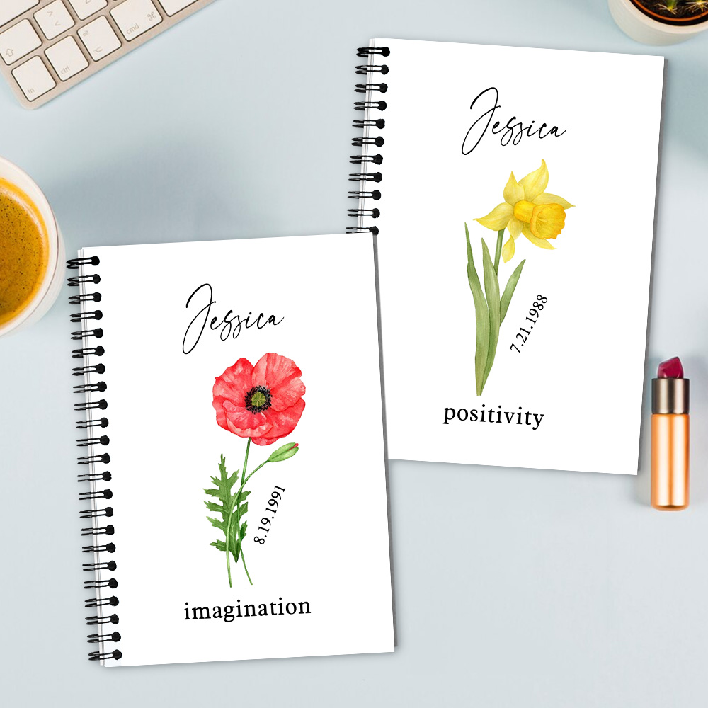 Personalised Watercolour Birthday Flower A5 Spiral Notebook With Name