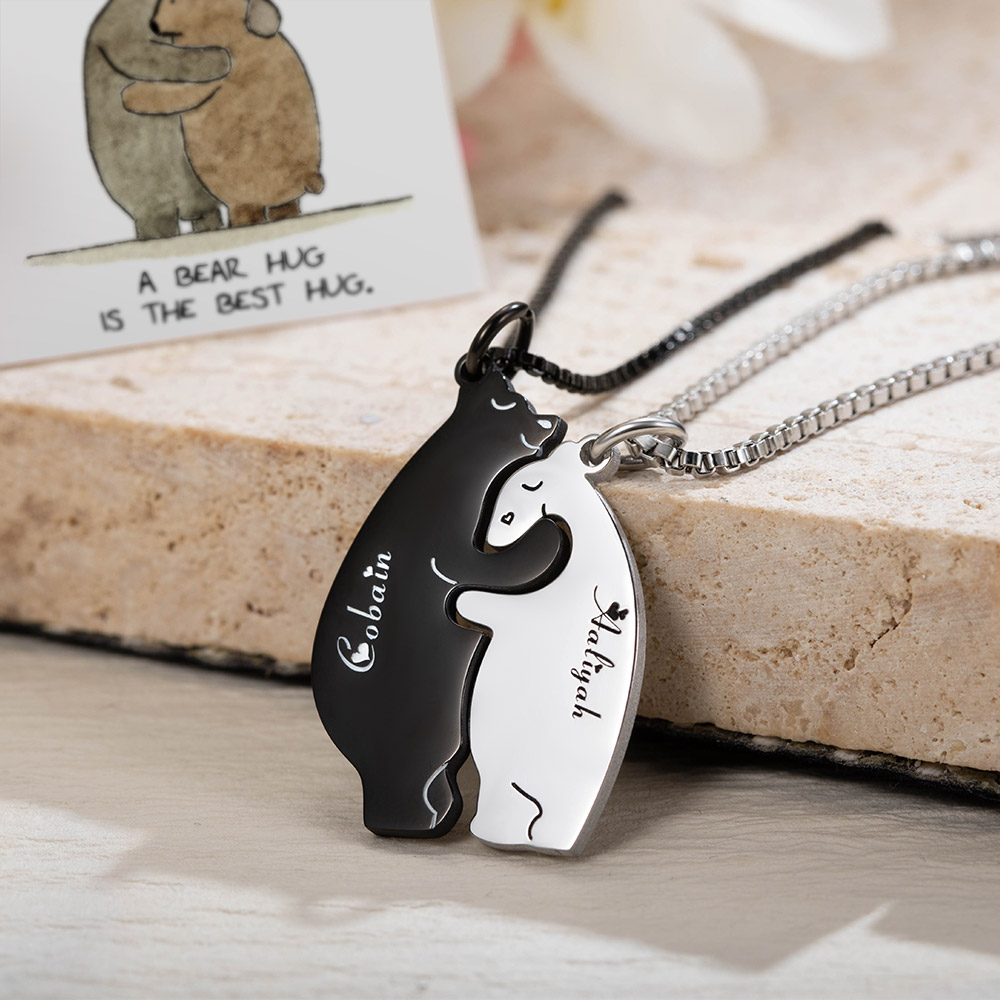 Personalized Engraved Hug Polar Bear Set of 2 Necklaces with Names Cute ...
