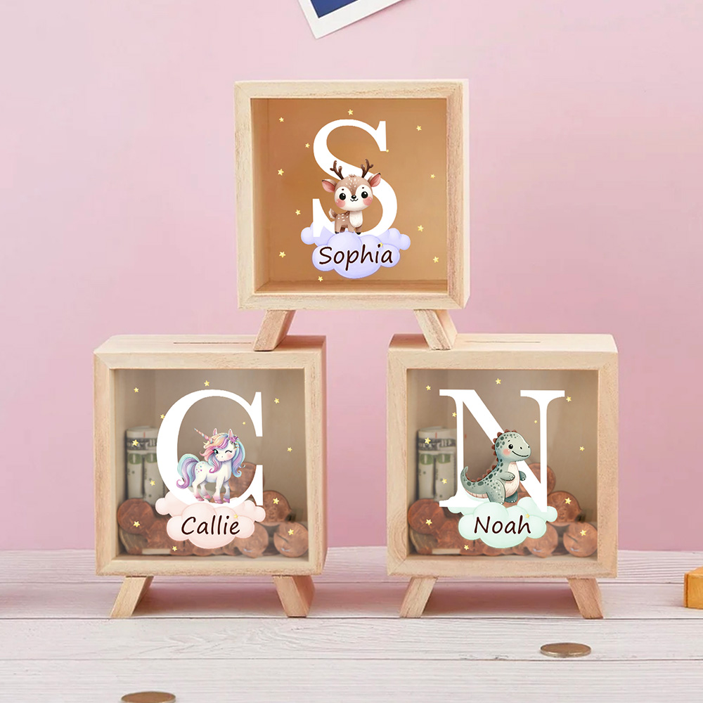 Personalised Cute Forest Animal Wooden Clear Money Box Piggy Bank with ...