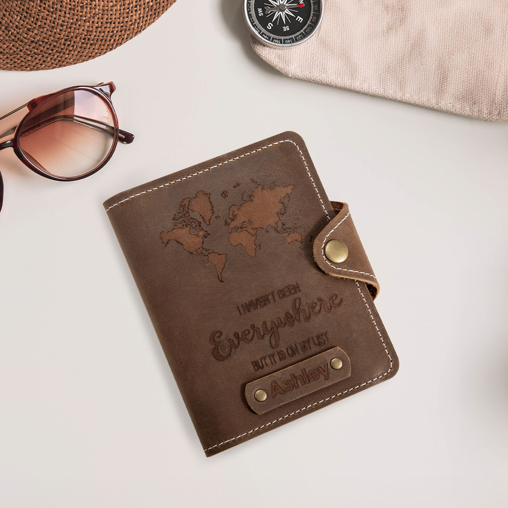 Personalised World Map Compass Genuine Leather Passport Holder with ...