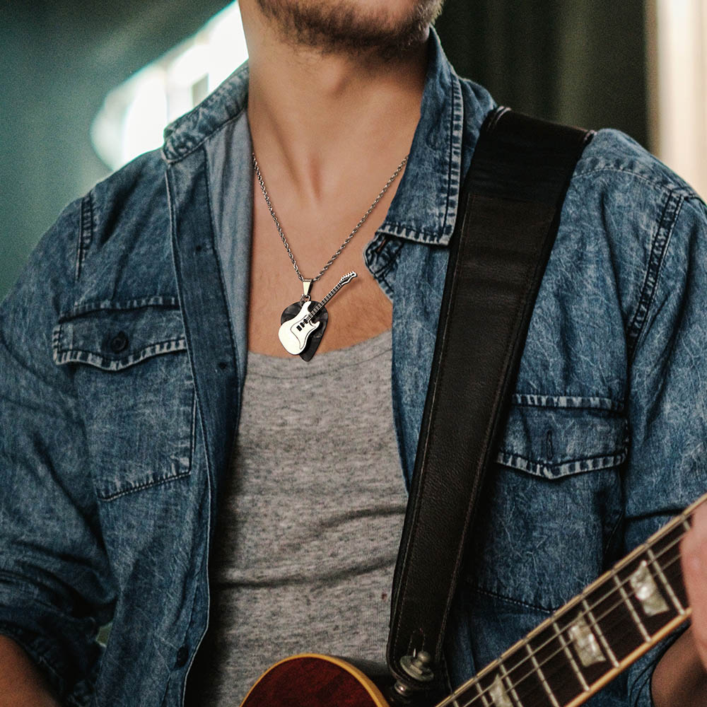 Personalized Guitar and Guitar Pick Pendant Necklace with Engraved Text Music Accessory Gift for ...