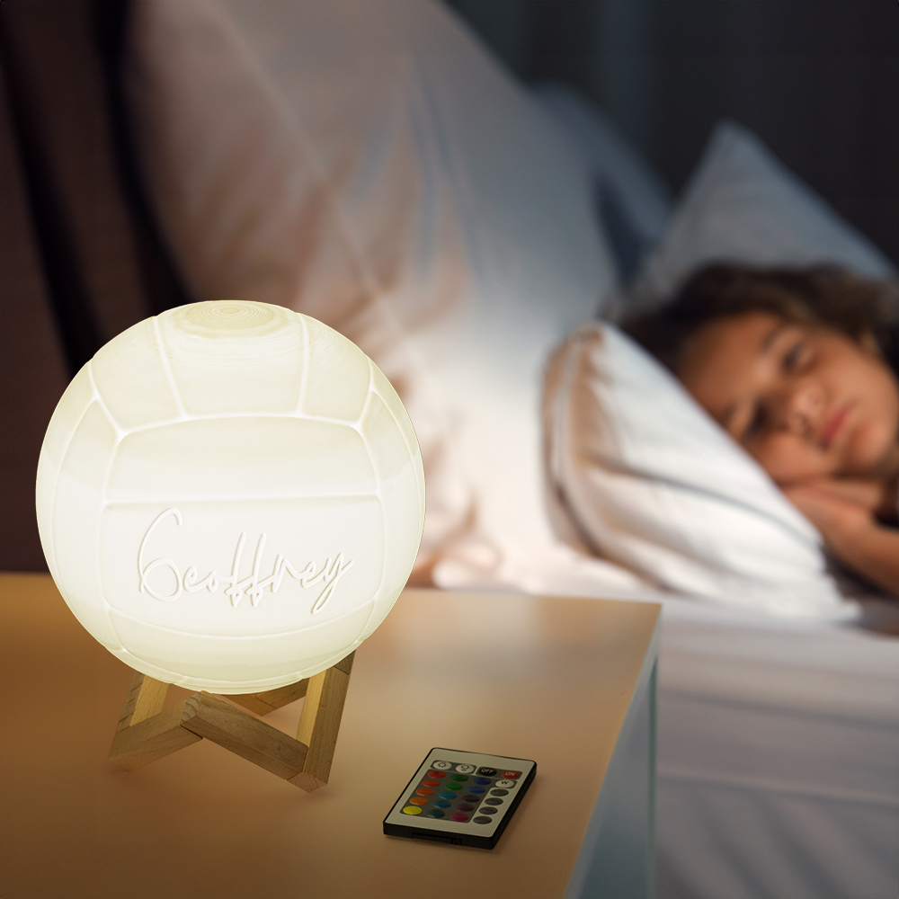 Personalized 3D Volleyball 16 Color Changing Touch LED Night Light with Irregular Wooden Stand ...