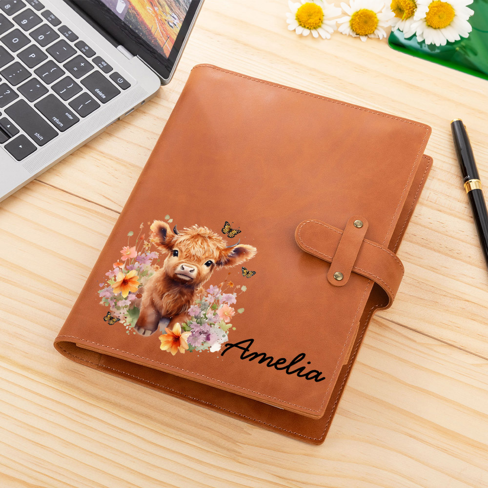 Personalized Floral Highland Cow Name A5 Sketchbook Notebook Leather ...