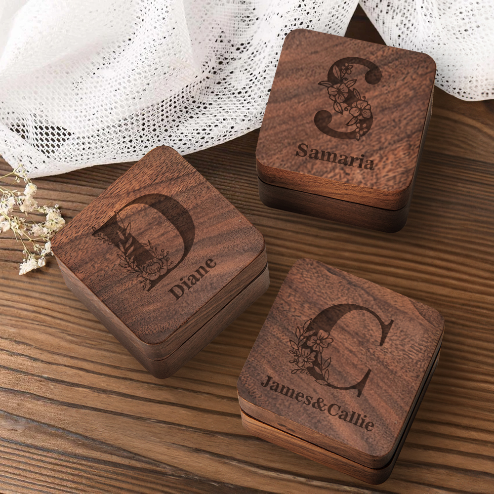 Personalized Engraved Flower Initial Walnut Ring Box with Name ...