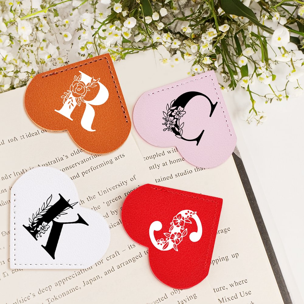 Personalized Elegant Floral Initial Heart-shaped PU Leather Bookmark for Page Corner Birthday ...