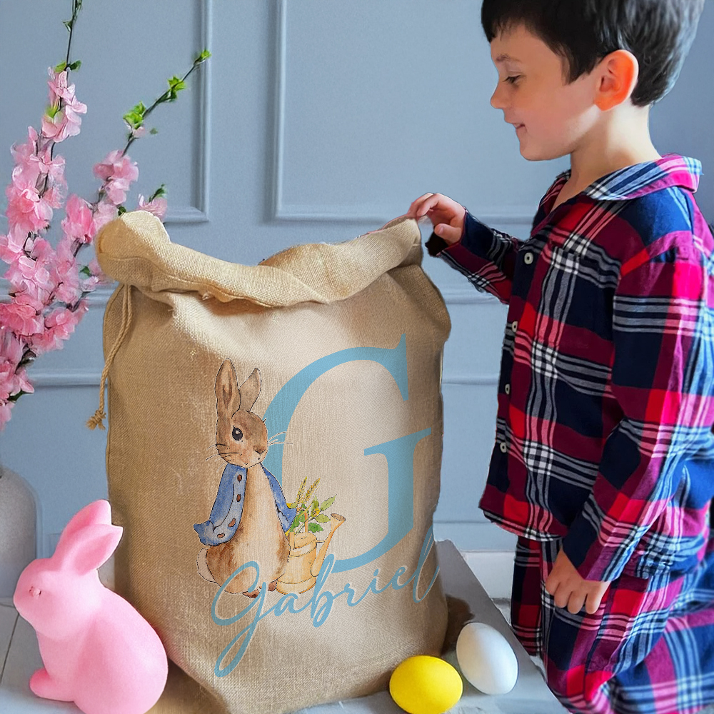 Personalized Cute Easter Bunny Drawstring Gift Bag with Initial and Name Easter Birthday Gift ...